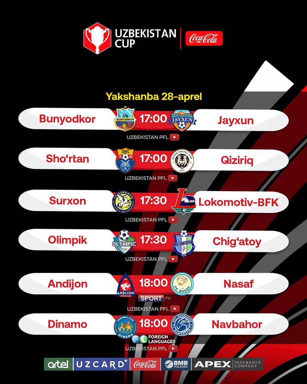 O‘zbekiston kubogida bugun muhim o‘yinlar bor